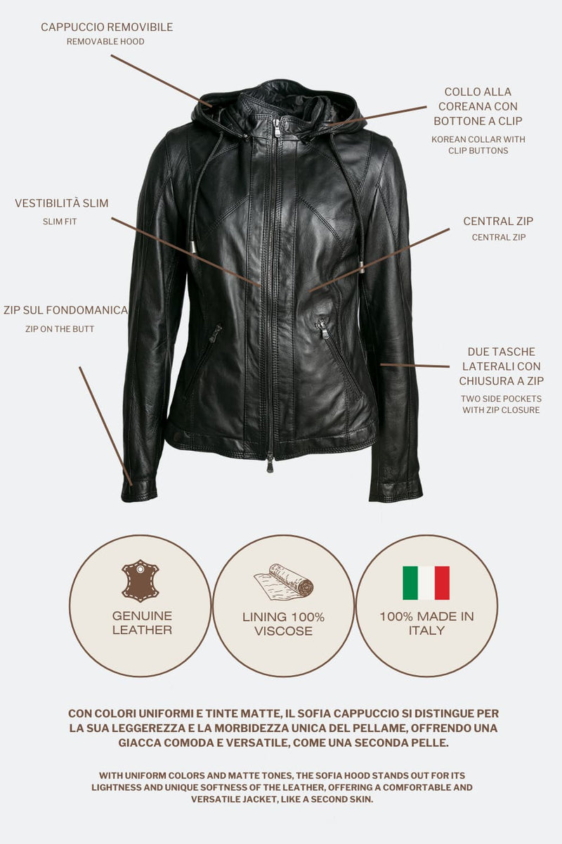 Sofia Hooded Black Leather Jacket for Women | Baron Florence
