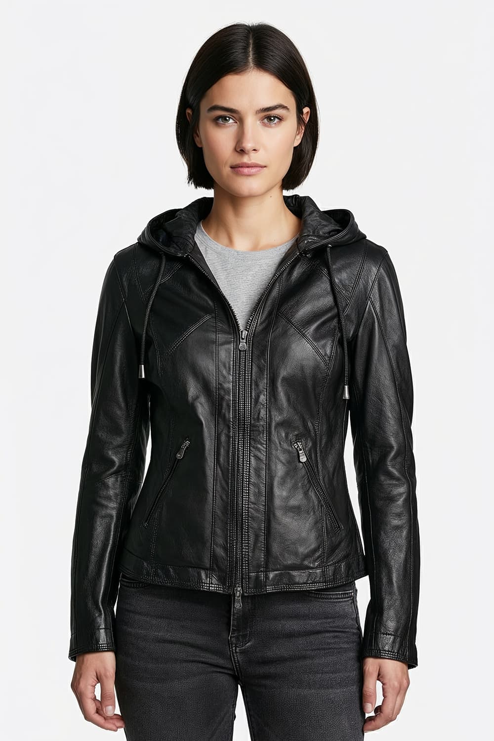 Sofia Hooded Black Leather Jacket for Women | Baron Florence